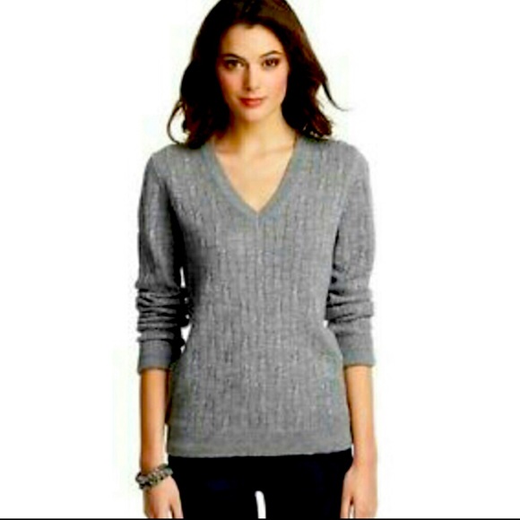 LOFT | Sweaters | The Loft Shimmer Grey Cable Knit Vneck Melange ...